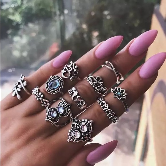 Jewelry | 11 Pcs Boho Silver Crystal Gem Elephant Ring Set | Poshmark
